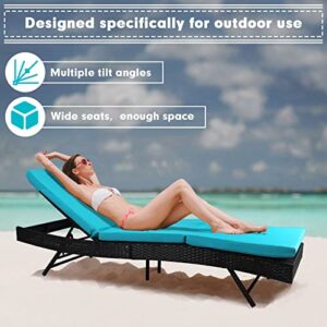 Oakmont Outdoor Chaise Lounge Patio Lounge Chair Wicker Adjustable Back Reclining Chair with Blue Cushion for Poolside, Garden, Backyard