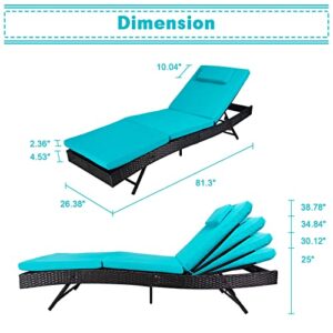 Oakmont Outdoor Chaise Lounge Patio Lounge Chair Wicker Adjustable Back Reclining Chair with Blue Cushion for Poolside, Garden, Backyard