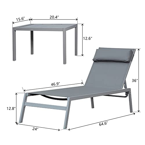 domi outdoor living 3 Pieces Adjustable Chaise Lounge Set Outdoor Patio Lounge Chair All Weather Five-Position Recliner Chair Set w/Coffee Table for Patio, Pool, Yard (Grey)