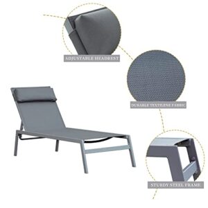 domi outdoor living 3 Pieces Adjustable Chaise Lounge Set Outdoor Patio Lounge Chair All Weather Five-Position Recliner Chair Set w/Coffee Table for Patio, Pool, Yard (Grey)