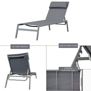 domi outdoor living 3 Pieces Adjustable Chaise Lounge Set Outdoor Patio Lounge Chair All Weather Five-Position Recliner Chair Set w/Coffee Table for Patio, Pool, Yard (Grey)