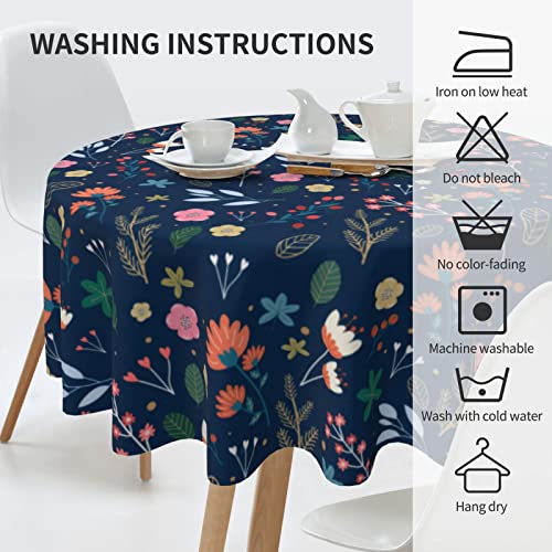 Spring Summer Floral Tablecloth Round 60 Inch Farmhouse Navy Blue Background Wildflower Round Tablecloth Polyester Washable Table Cover Table Cloth for Kitchen Dining Room Picnic Patio Party