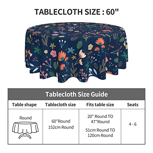 Spring Summer Floral Tablecloth Round 60 Inch Farmhouse Navy Blue Background Wildflower Round Tablecloth Polyester Washable Table Cover Table Cloth for Kitchen Dining Room Picnic Patio Party