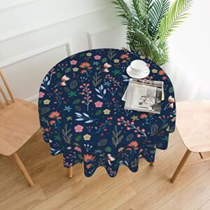 Spring Summer Floral Tablecloth Round 60 Inch Farmhouse Navy Blue Background Wildflower Round Tablecloth Polyester Washable Table Cover Table Cloth for Kitchen Dining Room Picnic Patio Party