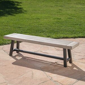 Cassie Outdoor Light Grey Sandblast Finish Acacia Wood Dining Bench with Black Rustic Metal Finish Frame