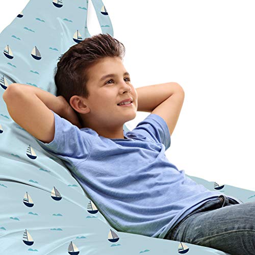 Ambesonne Nautical Lounger Chair Bag, Ships in The Ocean Sailing Shower Waves of Sea Cartoon, High Capacity Storage with Handle Container, Lounger Size, Pale Blue Cream