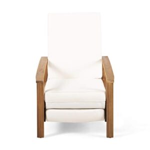 mary outdoor acacia wood push back recliner with cushion, sandblast teak and cream