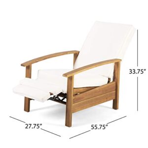 Mary Outdoor Acacia Wood Push Back Recliner with Cushion, Sandblast Teak and Cream