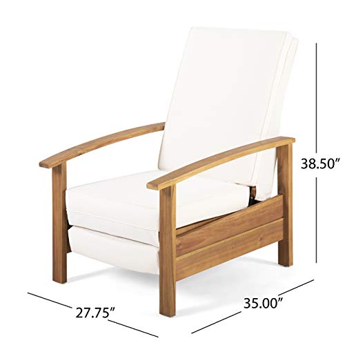 Mary Outdoor Acacia Wood Push Back Recliner with Cushion, Sandblast Teak and Cream