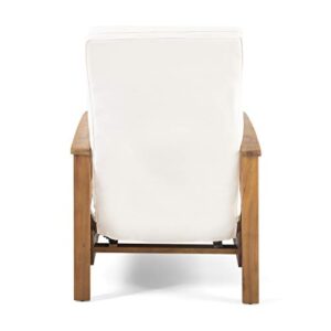 Mary Outdoor Acacia Wood Push Back Recliner with Cushion, Sandblast Teak and Cream