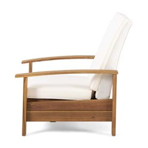 Mary Outdoor Acacia Wood Push Back Recliner with Cushion, Sandblast Teak and Cream