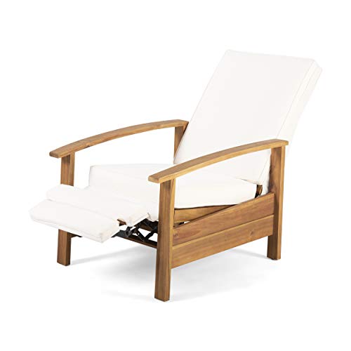 Mary Outdoor Acacia Wood Push Back Recliner with Cushion, Sandblast Teak and Cream