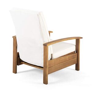 Mary Outdoor Acacia Wood Push Back Recliner with Cushion, Sandblast Teak and Cream