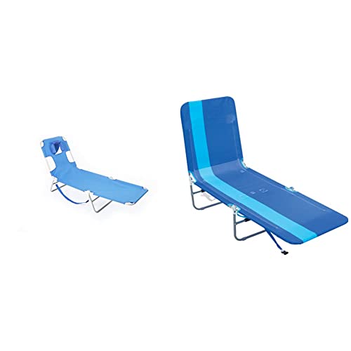 Ostrich Lounge Chaise & Rio Beach Portable Folding Backpack Beach Lounge Chair with Backpack Straps and Storage Pouch, Blue Stripe, ·72“ x 22“ x 10"