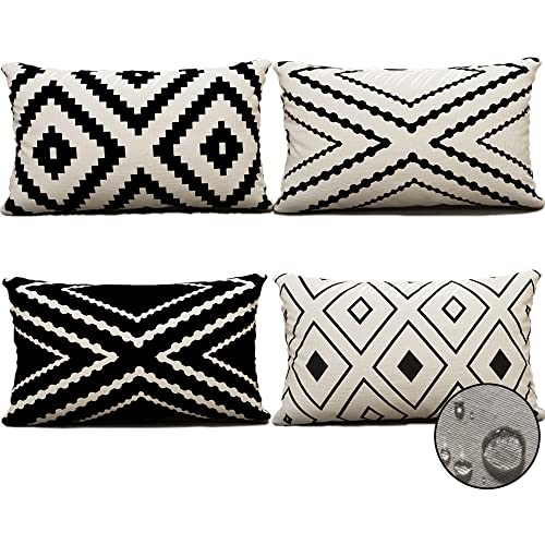 Outdoor Black White Pillow Cover Waterproof, Boho Aztec Double Printed Throw Pillow Covers, Decorative Geometric Modern Cushion Covers for Garden Patio Furniture Couch Sofa Home,12×20 Inch, Set of 4