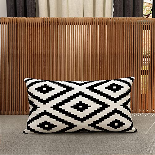 Outdoor Black White Pillow Cover Waterproof, Boho Aztec Double Printed Throw Pillow Covers, Decorative Geometric Modern Cushion Covers for Garden Patio Furniture Couch Sofa Home,12×20 Inch, Set of 4