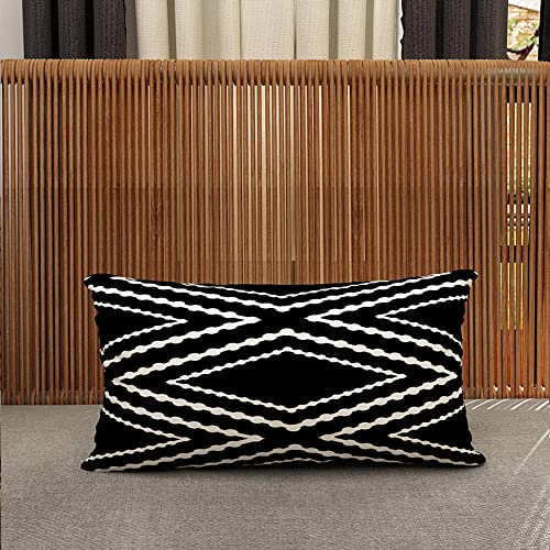 Outdoor Black White Pillow Cover Waterproof, Boho Aztec Double Printed Throw Pillow Covers, Decorative Geometric Modern Cushion Covers for Garden Patio Furniture Couch Sofa Home,12×20 Inch, Set of 4