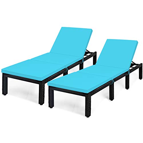 Tangkula Patio Wicker Lounge Chair, Outdoor Rattan Adjustable Reclining Backrest Lounger Chairs, Modern Outside Rattan Chaise with Seating and Back Cushion (2, Turquoise)