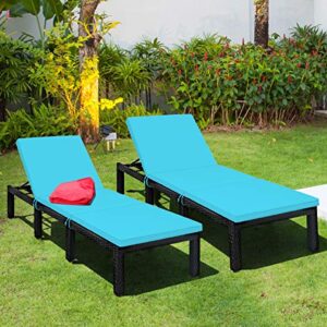 Tangkula Patio Wicker Lounge Chair, Outdoor Rattan Adjustable Reclining Backrest Lounger Chairs, Modern Outside Rattan Chaise with Seating and Back Cushion (2, Turquoise)