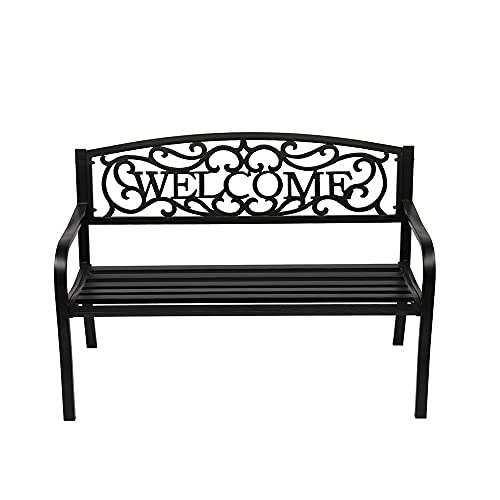 Dkeli Garden Patio Bench Outdoor Metal Park Bench Furniture Sturdy Cast Iron 50" Porch Chair Seat with Armrests 480BLS Bearing Capacity for Park Yard Deck Entryway, Black