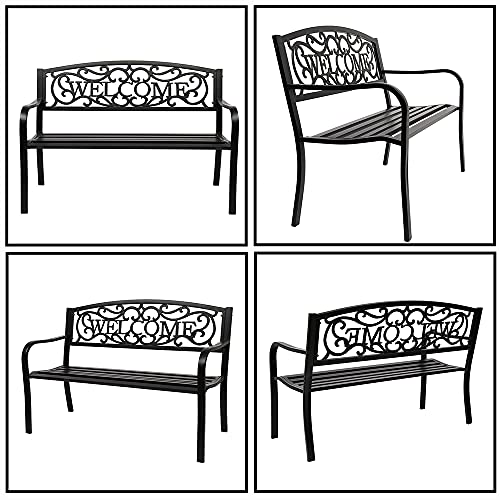 Dkeli Garden Patio Bench Outdoor Metal Park Bench Furniture Sturdy Cast Iron 50" Porch Chair Seat with Armrests 480BLS Bearing Capacity for Park Yard Deck Entryway, Black