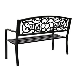 Dkeli Garden Patio Bench Outdoor Metal Park Bench Furniture Sturdy Cast Iron 50" Porch Chair Seat with Armrests 480BLS Bearing Capacity for Park Yard Deck Entryway, Black