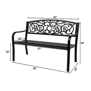 Dkeli Garden Patio Bench Outdoor Metal Park Bench Furniture Sturdy Cast Iron 50" Porch Chair Seat with Armrests 480BLS Bearing Capacity for Park Yard Deck Entryway, Black