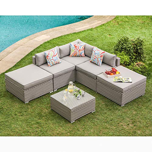 COSIEST 6-Piece Outdoor Furniture Set Warm Gray Wicker Sectional Sofa w Thick Cushions, Glass Coffee Table, 2 Ottomans, 3 Floral Fantasy Pillows for Garden, Pool, Backyard­