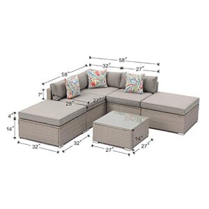 COSIEST 6-Piece Outdoor Furniture Set Warm Gray Wicker Sectional Sofa w Thick Cushions, Glass Coffee Table, 2 Ottomans, 3 Floral Fantasy Pillows for Garden, Pool, Backyard­