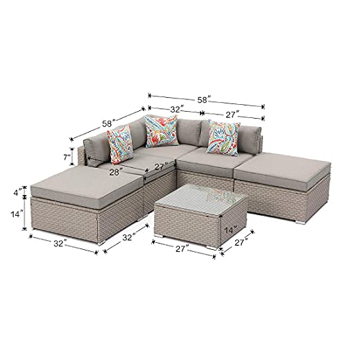 COSIEST 6-Piece Outdoor Furniture Set Warm Gray Wicker Sectional Sofa w Thick Cushions, Glass Coffee Table, 2 Ottomans, 3 Floral Fantasy Pillows for Garden, Pool, Backyard­