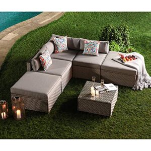 COSIEST 6-Piece Outdoor Furniture Set Warm Gray Wicker Sectional Sofa w Thick Cushions, Glass Coffee Table, 2 Ottomans, 3 Floral Fantasy Pillows for Garden, Pool, Backyard­