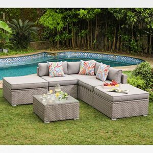 COSIEST 6-Piece Outdoor Furniture Set Warm Gray Wicker Sectional Sofa w Thick Cushions, Glass Coffee Table, 2 Ottomans, 3 Floral Fantasy Pillows for Garden, Pool, Backyard­