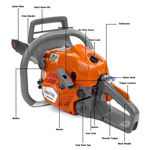 NEOTEC NH843 43cc Gas Chainsaw with 16 Inch Guide Bar and Chain, Power Chain Saw 2.95HP 2,2KW 16" Gasoline Chainsaws for Trees and Firewood Cutting, All Parts Compatible with Husqvarna 543XP Milling