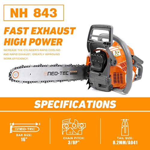 NEOTEC NH843 43cc Gas Chainsaw with 16 Inch Guide Bar and Chain, Power Chain Saw 2.95HP 2,2KW 16" Gasoline Chainsaws for Trees and Firewood Cutting, All Parts Compatible with Husqvarna 543XP Milling