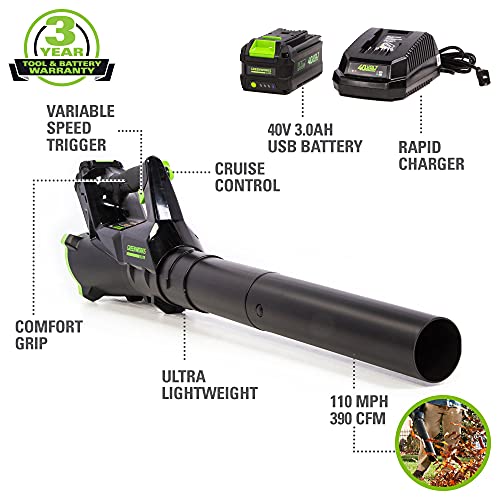 Greenworks 40V (110 MPH / 390 CFM) Cordless Axial Blower, 3.0Ah Battery and Charger Included LB-390