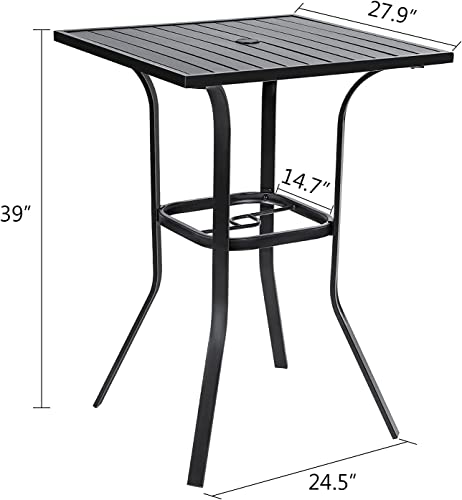 Omelaza Patio Height Bar Table, Outdoor Bistro Square High Top Dining Table with 1.57'' Umbrella Hole & Steel Slat Table Top (Black)