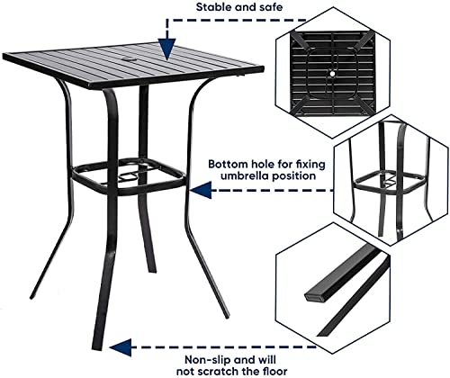 Omelaza Patio Height Bar Table, Outdoor Bistro Square High Top Dining Table with 1.57'' Umbrella Hole & Steel Slat Table Top (Black)