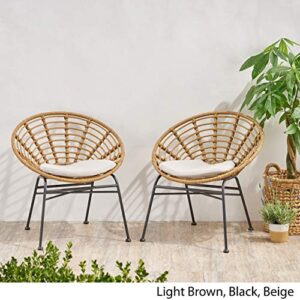 Great Deal Furniture Yilia Outdoor Wicker Dining Chairs with Cushions (Set of 2), Light Brown and Beige