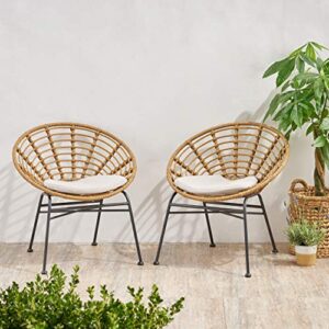 Great Deal Furniture Yilia Outdoor Wicker Dining Chairs with Cushions (Set of 2), Light Brown and Beige