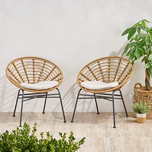 Great Deal Furniture Yilia Outdoor Wicker Dining Chairs with Cushions (Set of 2), Light Brown and Beige