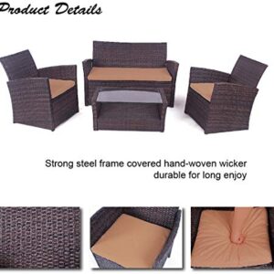 UFI 4 Pieces Patio Furniture SetsRattan, PE Rattan Wicker Chair Furniture, Conversation Sofa Set with Back Cushions, Outdoor Indoor Backyard Porch Garden Poolside Balcony Use Furniture (Brown)