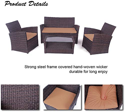 UFI 4 Pieces Patio Furniture SetsRattan, PE Rattan Wicker Chair Furniture, Conversation Sofa Set with Back Cushions, Outdoor Indoor Backyard Porch Garden Poolside Balcony Use Furniture (Brown)