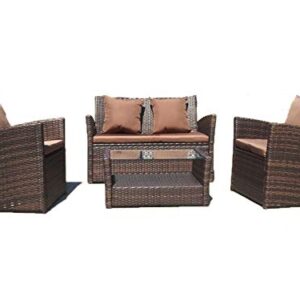 UFI 4 Pieces Patio Furniture SetsRattan, PE Rattan Wicker Chair Furniture, Conversation Sofa Set with Back Cushions, Outdoor Indoor Backyard Porch Garden Poolside Balcony Use Furniture (Brown)