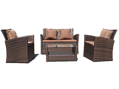 UFI 4 Pieces Patio Furniture SetsRattan, PE Rattan Wicker Chair Furniture, Conversation Sofa Set with Back Cushions, Outdoor Indoor Backyard Porch Garden Poolside Balcony Use Furniture (Brown)