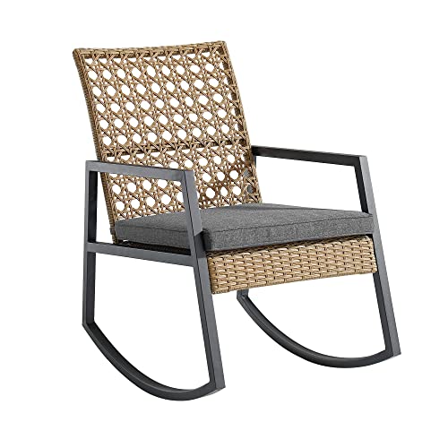 Walker Edison Lana Modern Metal Frame Cane Weave Rocking Chair, 38 Inch, Light Brown and Grey