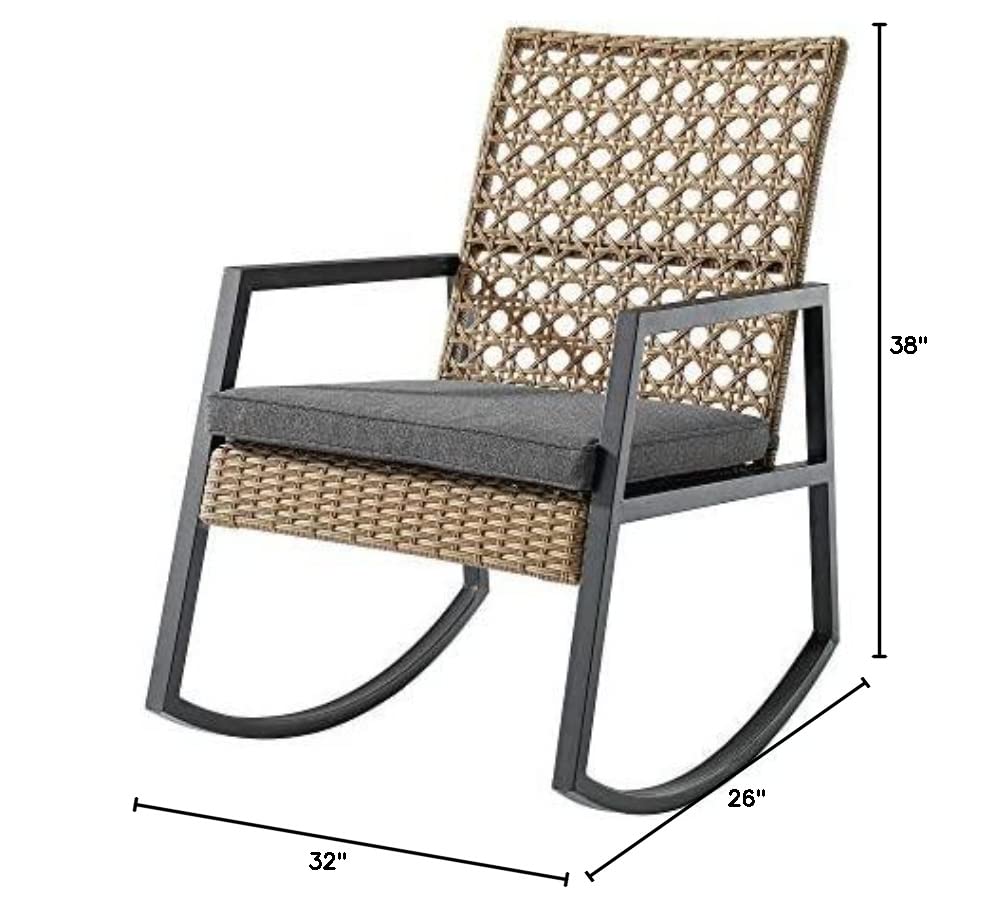 Walker Edison Lana Modern Metal Frame Cane Weave Rocking Chair, 38 Inch, Light Brown and Grey