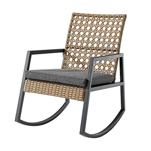 Walker Edison Lana Modern Metal Frame Cane Weave Rocking Chair, 38 Inch, Light Brown and Grey