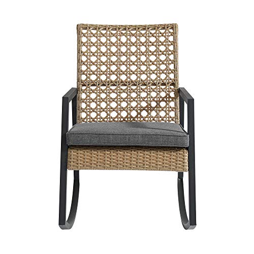 Walker Edison Lana Modern Metal Frame Cane Weave Rocking Chair, 38 Inch, Light Brown and Grey