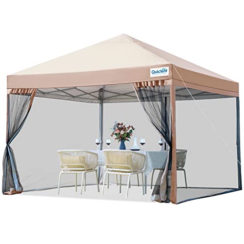 Quictent 10'x10' Pop up Canopy Tent with Netting, Outdoor Instant Portable Gazebo Ez up Screen House Room Tent -Fully Sealed, Waterproof & Sand Bags Included (Tan)