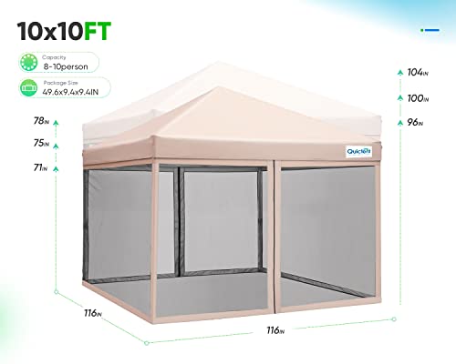 Quictent 10'x10' Pop up Canopy Tent with Netting, Outdoor Instant Portable Gazebo Ez up Screen House Room Tent -Fully Sealed, Waterproof & Sand Bags Included (Tan)